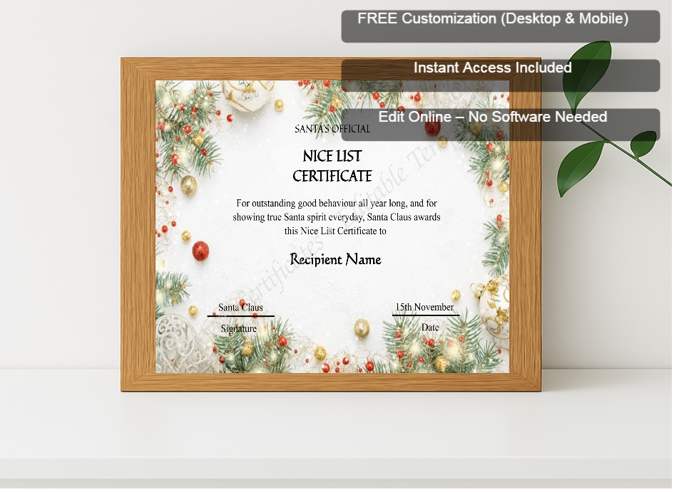 Editable Vintage Santa Claus Nice List Certificate | Customizable ...