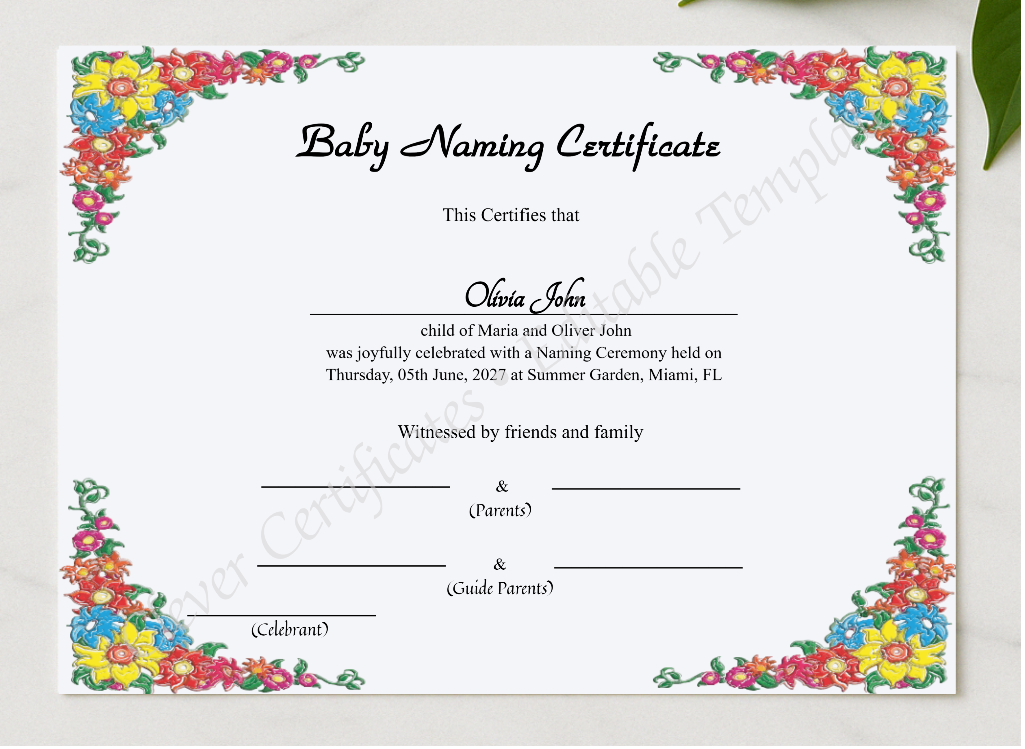 Editable Baby Naming Certificate – Printable KeepsakeClever Certificates