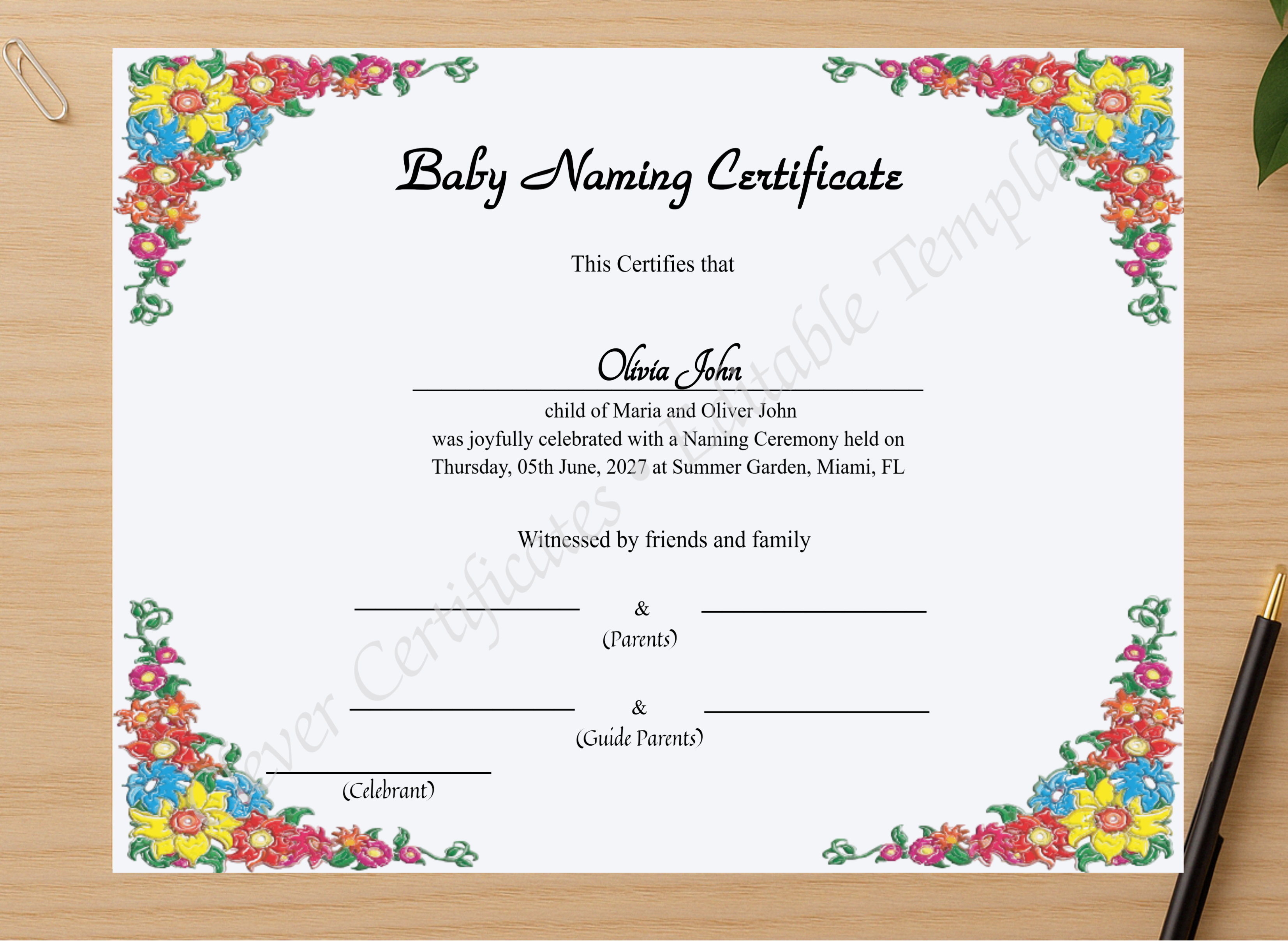 Editable Baby Naming Certificate – Printable KeepsakeClever Certificates